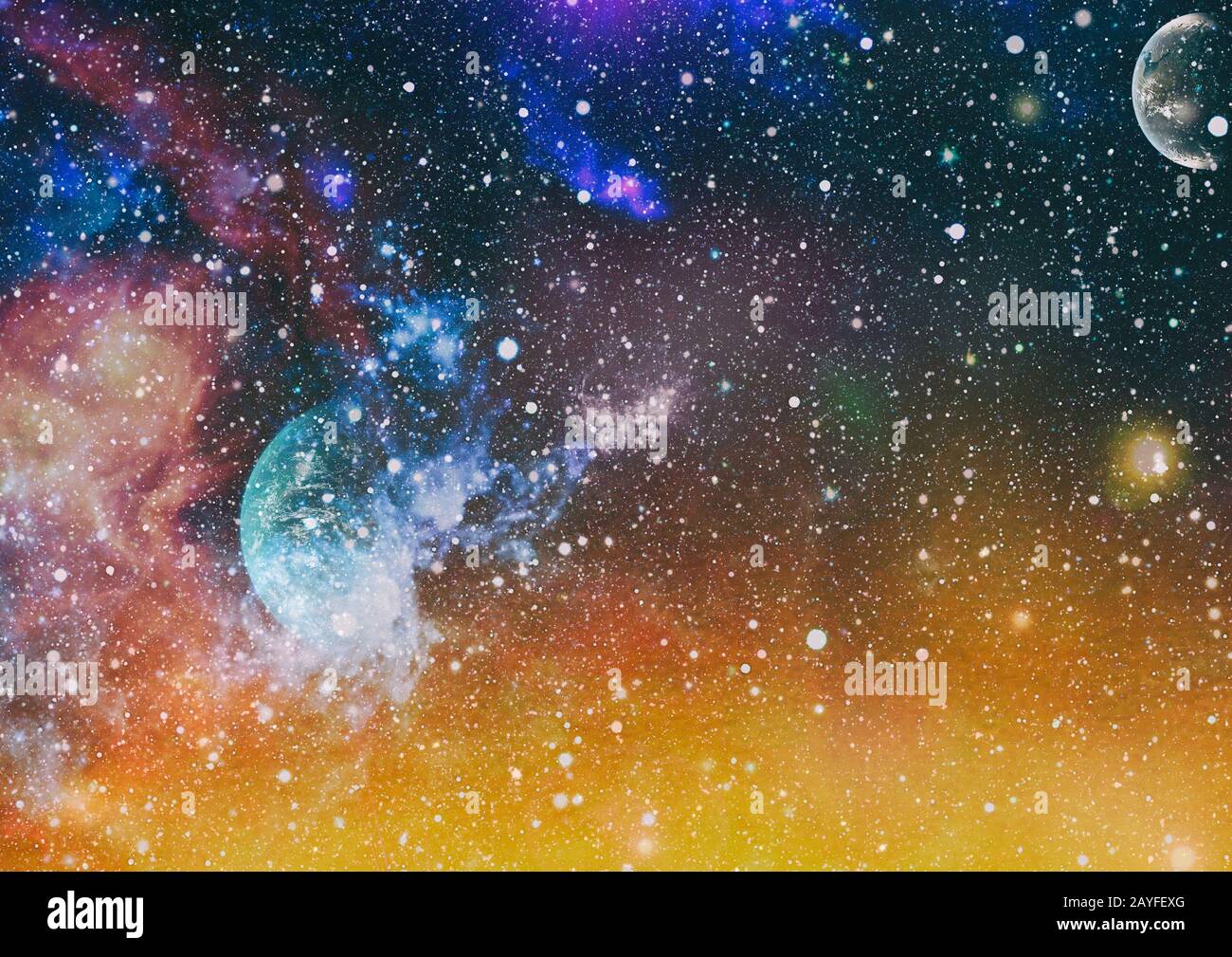 Colored nebula and open cluster of stars in the universe. Stardust and ...