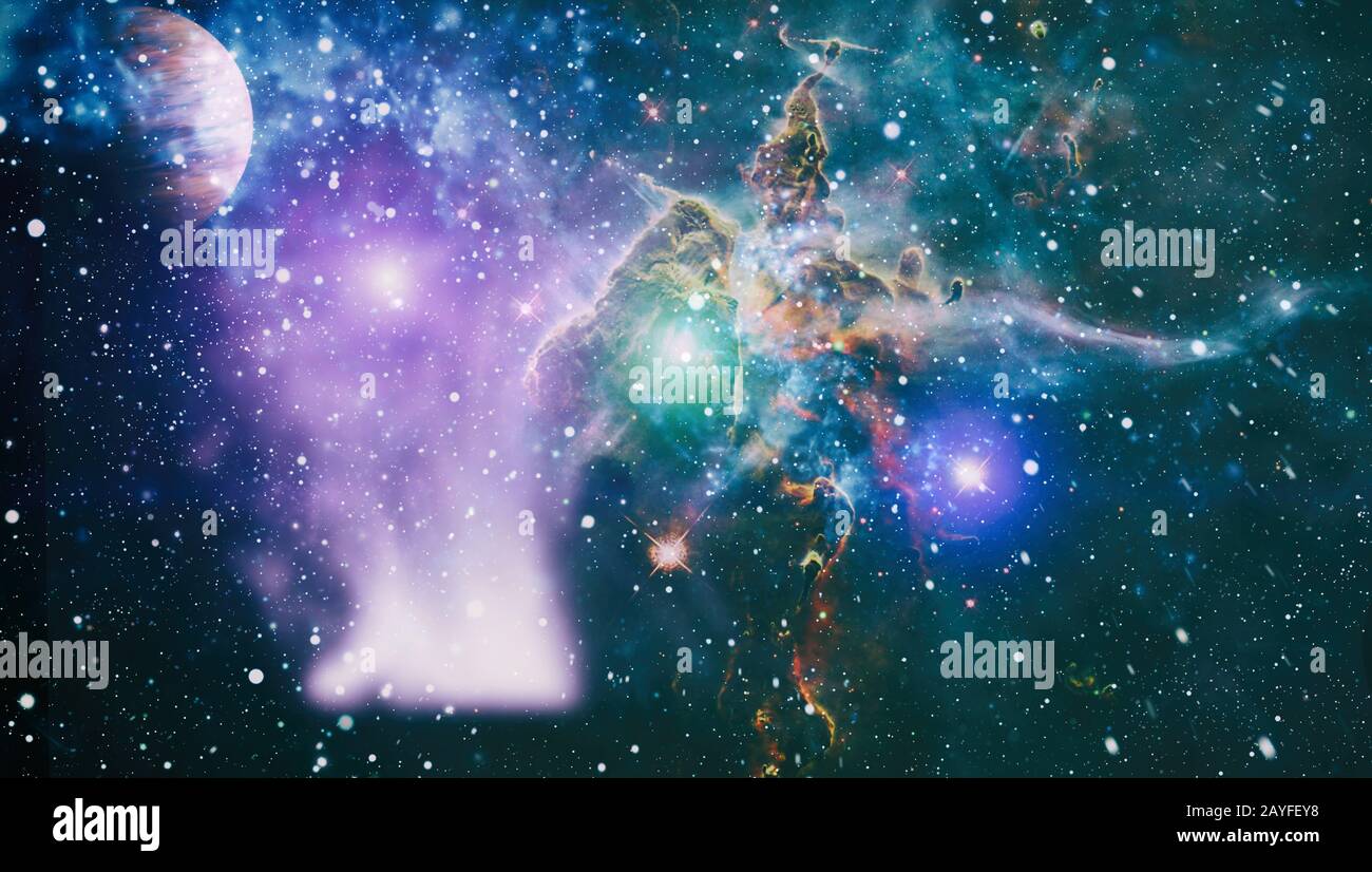 Colored nebula and open cluster of stars in the universe. Stardust and ...