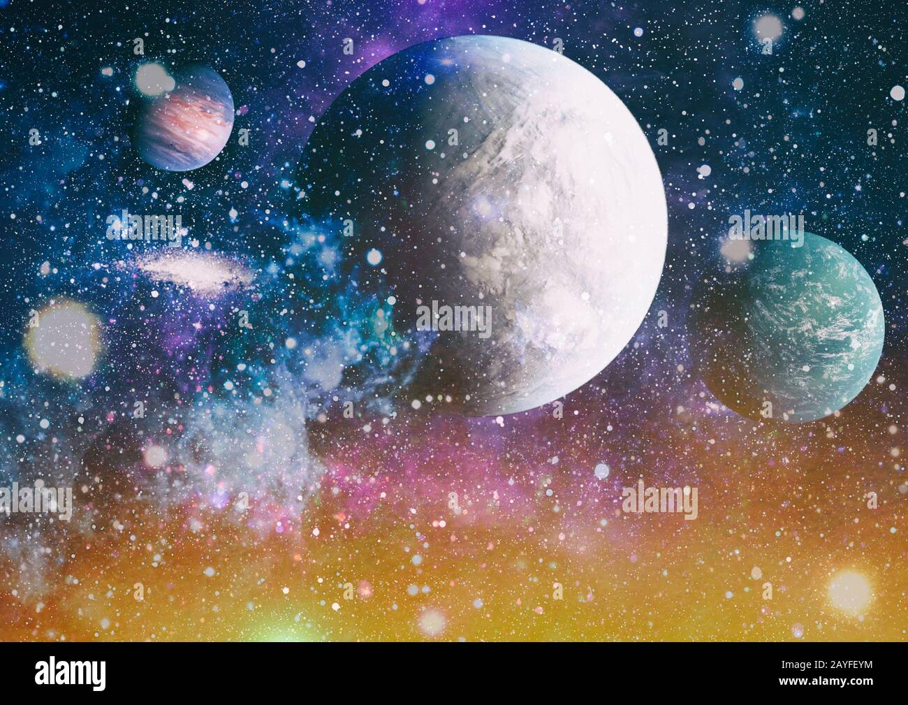 Colored nebula and open cluster of stars in the universe. Stardust and ...