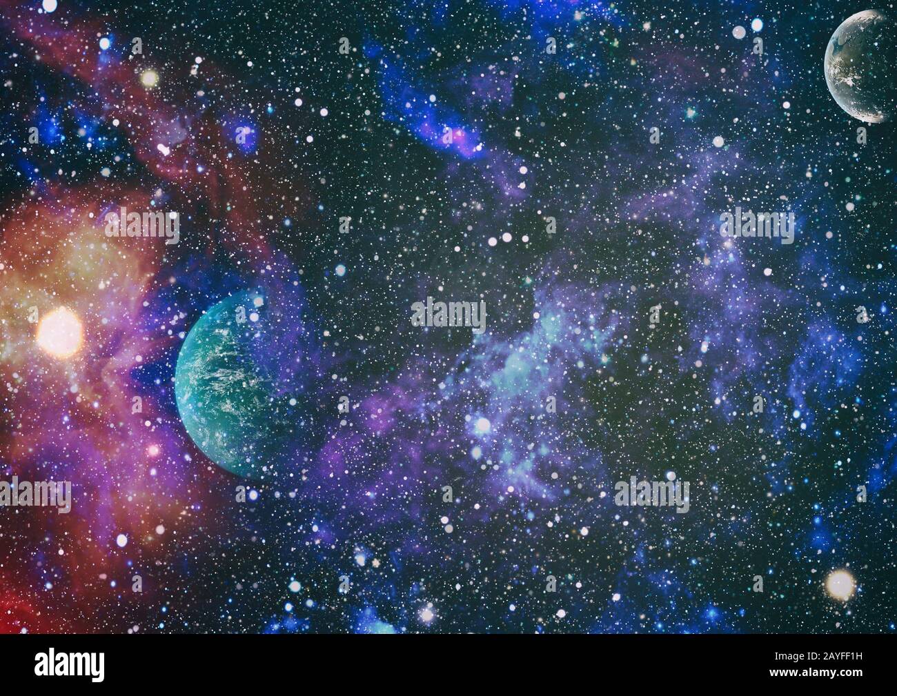 Colored nebula and open cluster of stars in the universe. Stardust and ...