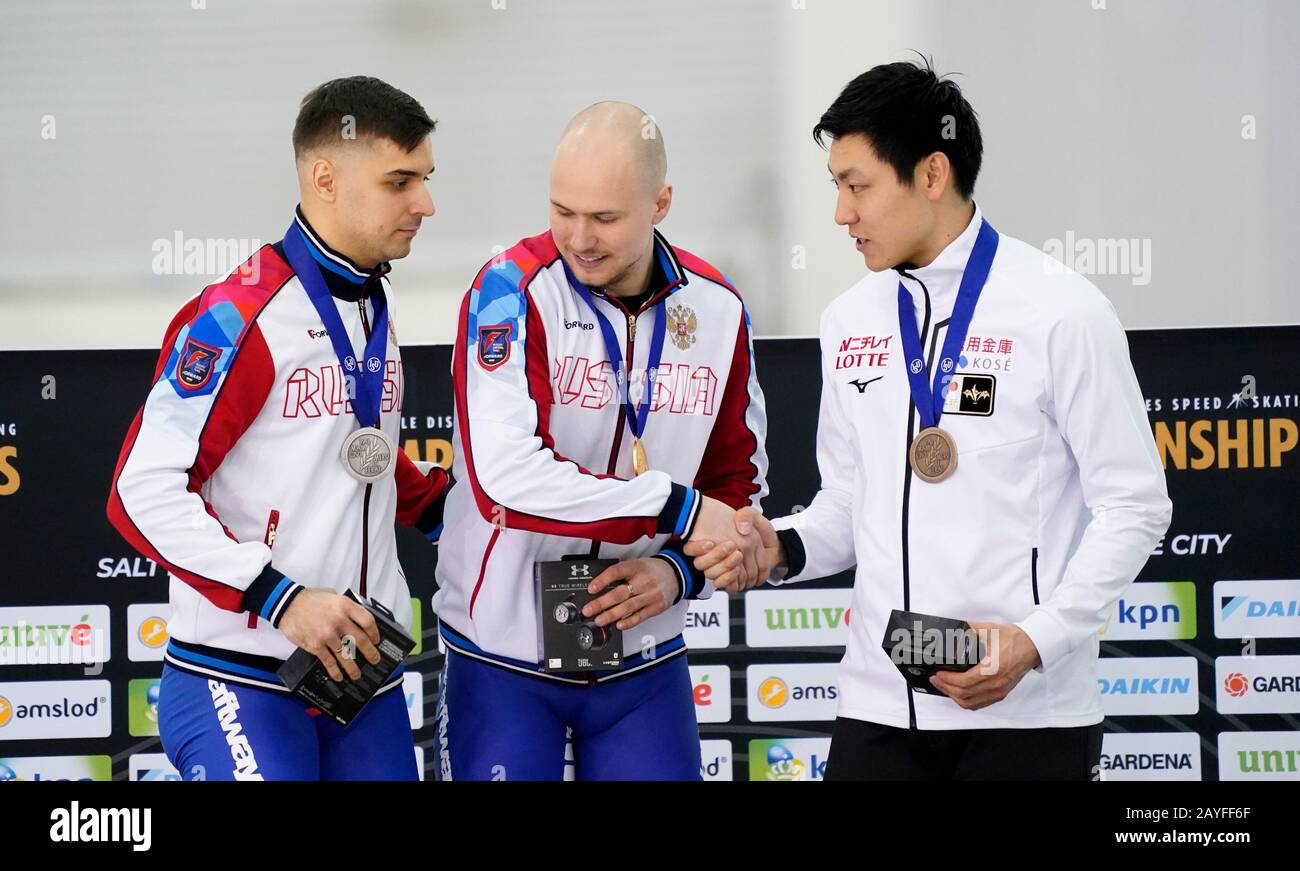 Ceremony 500 meter men L-R Viktor Mushtakov (RUS), Pavel Kulizhnikov ...
