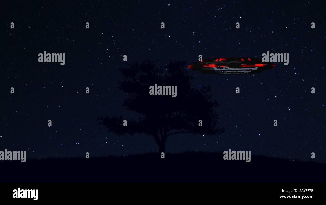 UFO behind Lonely Tree under Amazing Night Sky 3D Illustration Stock ...
