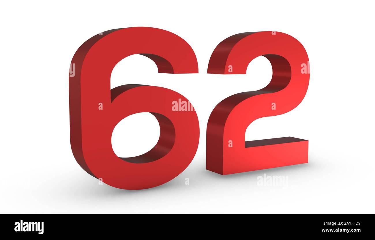 3D Shiny Red Number Sixty Two 62 Isolated on White Background Stock ...