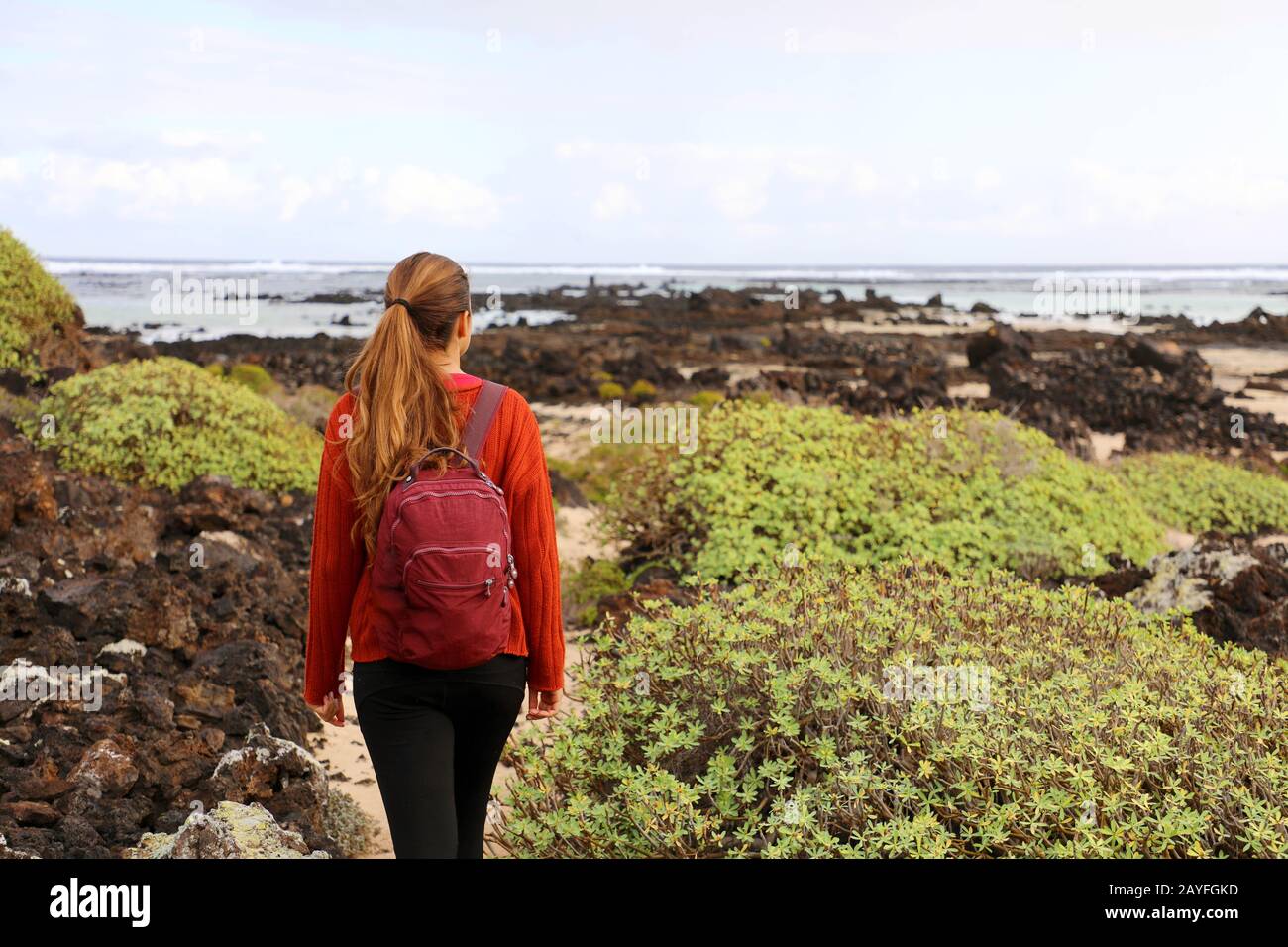Hiking in spring time. Back view of girl exploring the northern of the ...