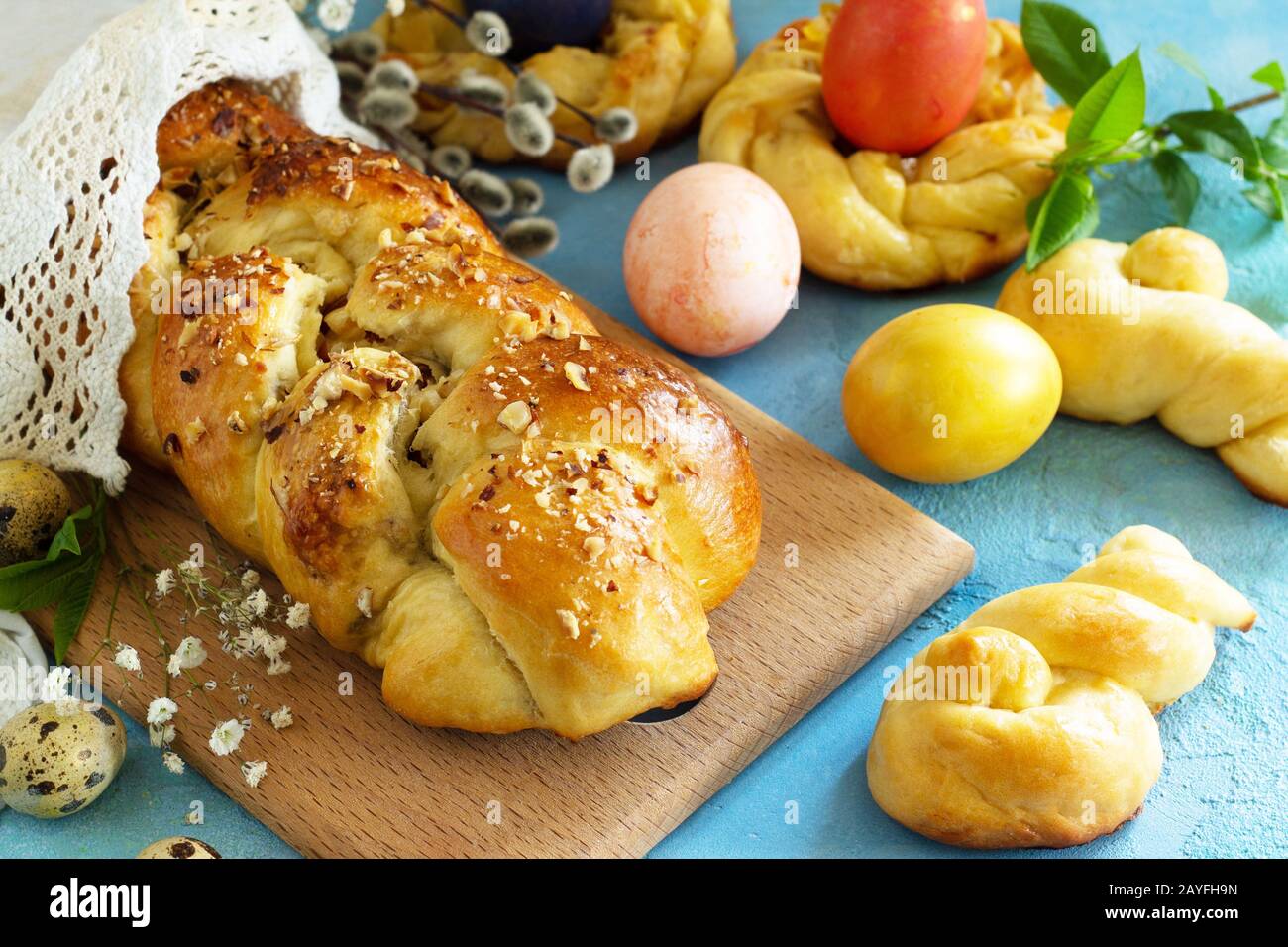 Traditional Italian Easter bread rings. Easter sweet bread with colored ...