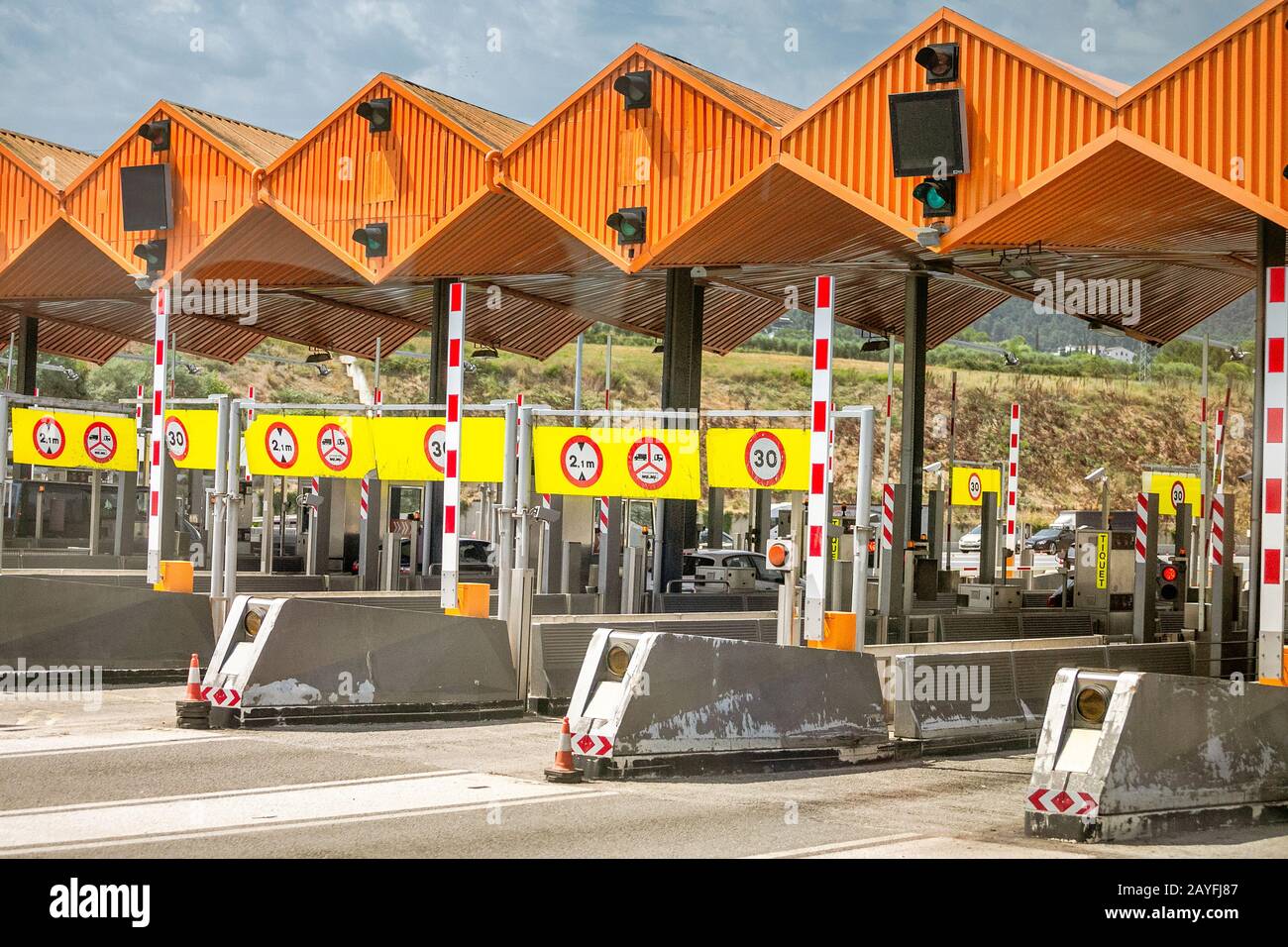 checkpoint on the entrance to a toll road with traffic gates Stock ...