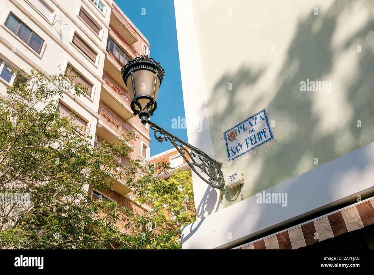 13 JULY 2018, ZARAGOZA, SPAIN: Old vintage lantern and plaza de sign ...