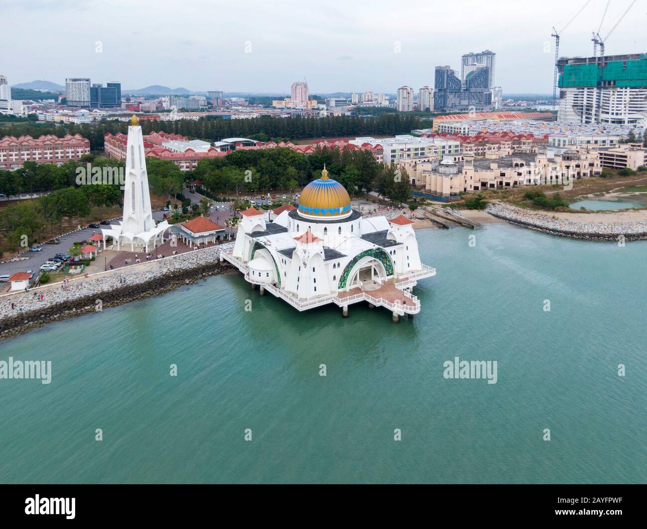 Aerial view of Masjid Selat Melaka, Melaka Mosque on a man-made island ...