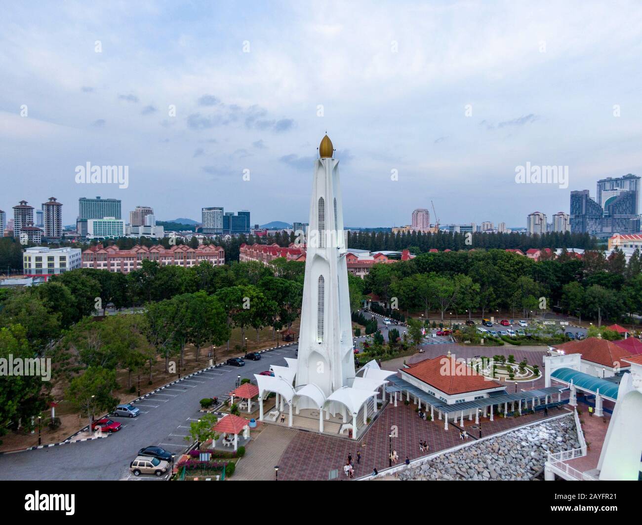 Aerial view of Masjid Selat Melaka, Melaka Mosque on a man-made island ...
