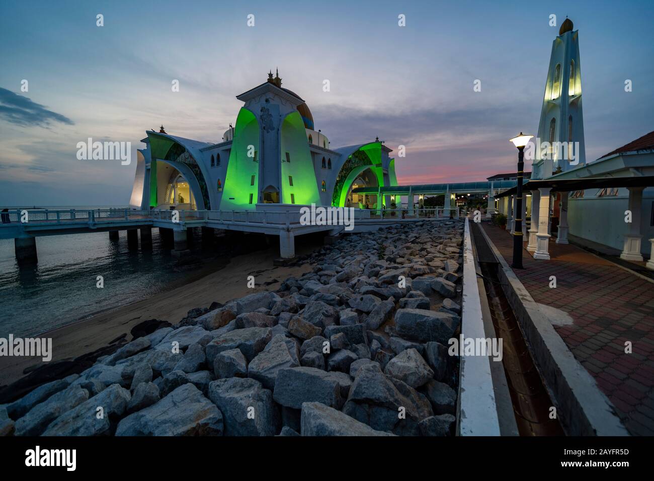 Sunset view of Masjid Selat Melaka, Melaka Mosque on a man-made island ...