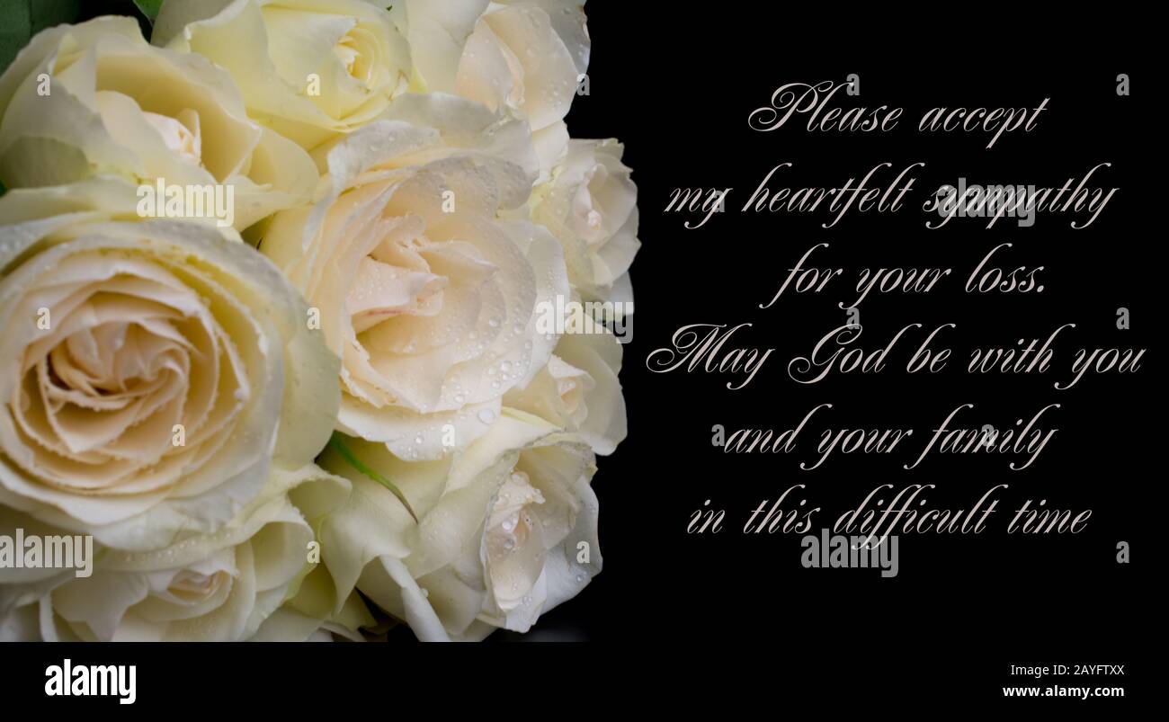 white flowers on black background with text condolences symphaty Stock ...