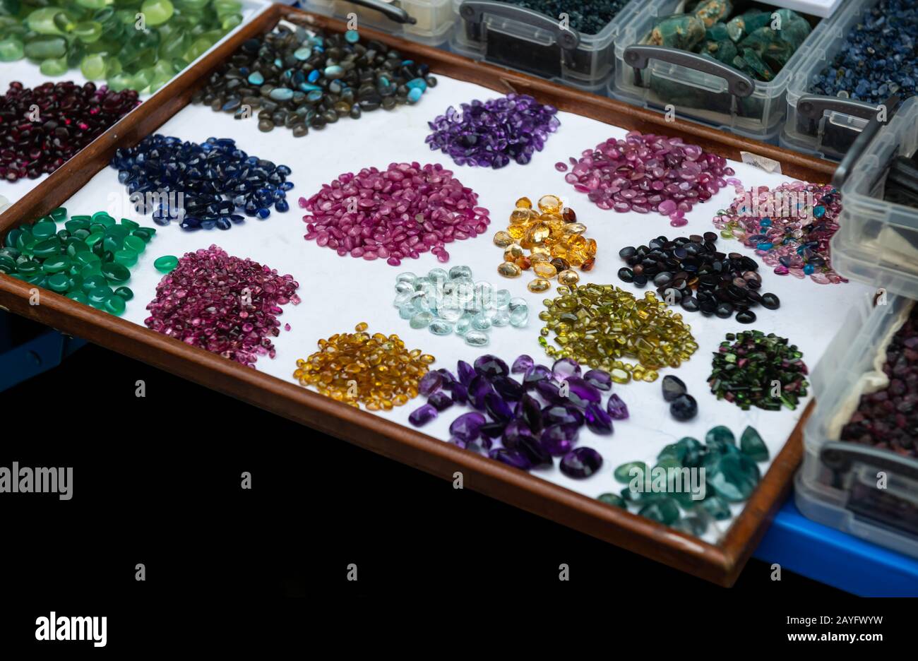 Mix shape and colorful cut mineral gemstones in jewelry market with ...