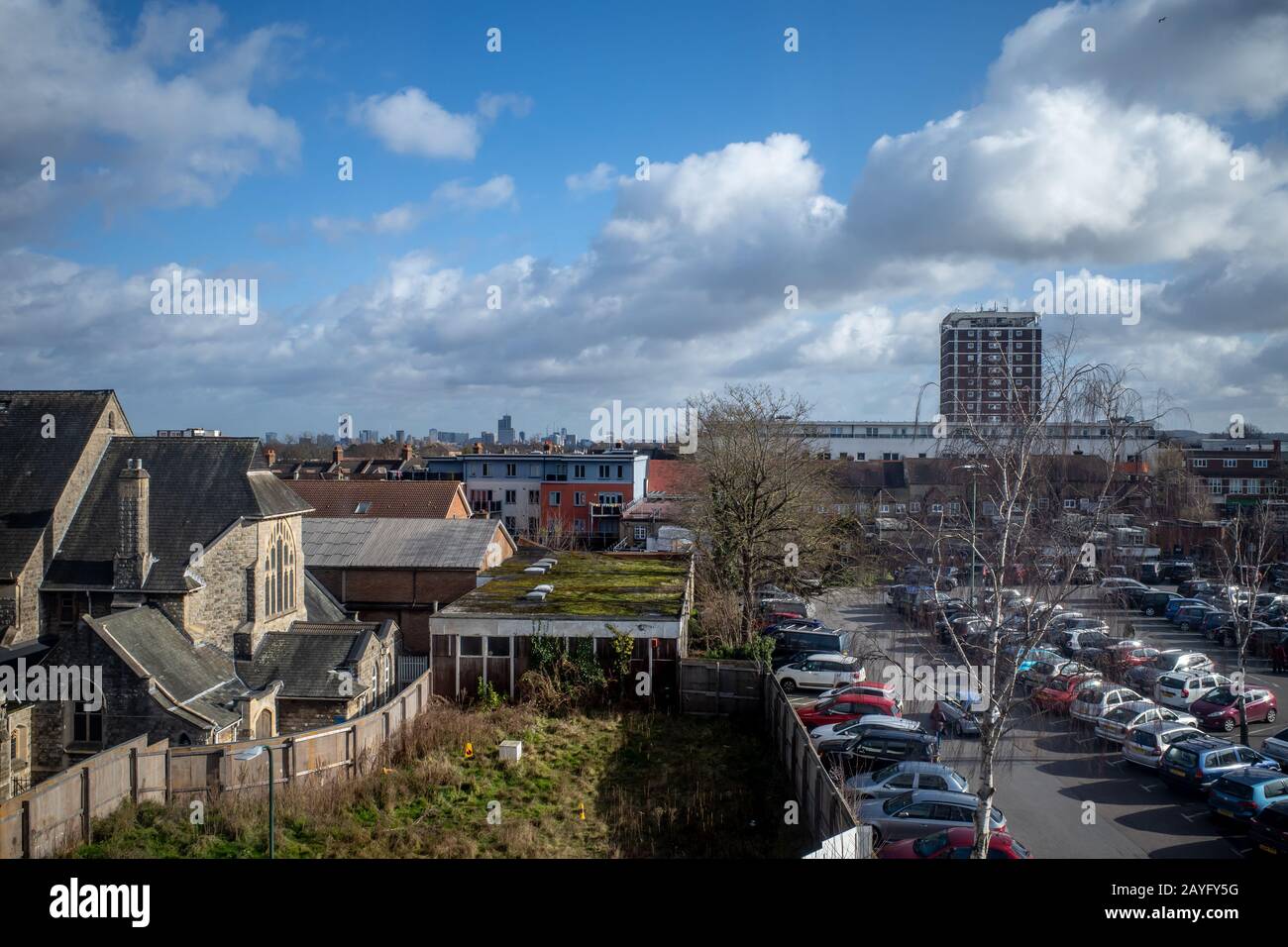 A view across Wallington Library Car Park, with the Croydon skyline on ...