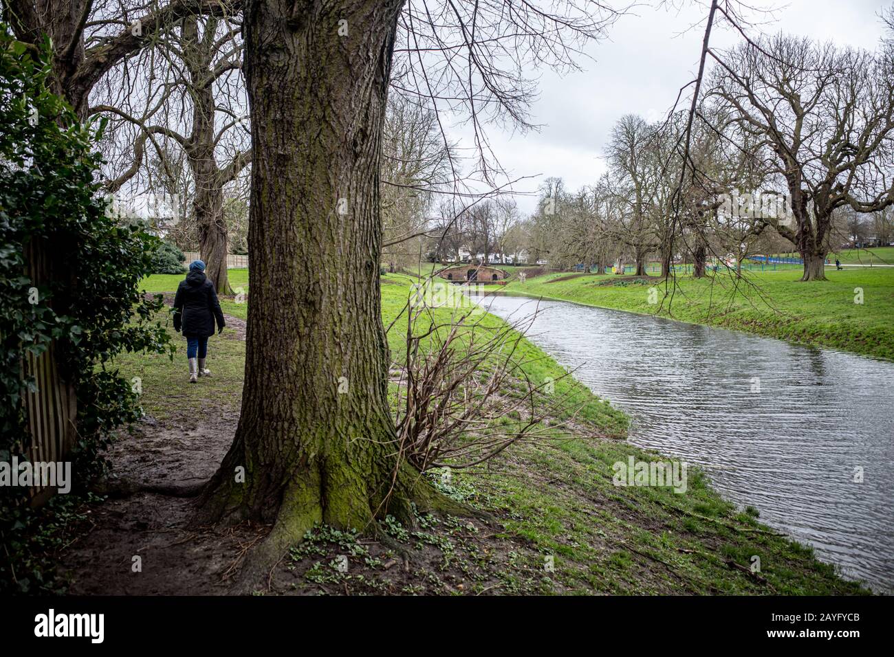 A woman looking at the flooding in Carshalton Park, Wallington Stock ...
