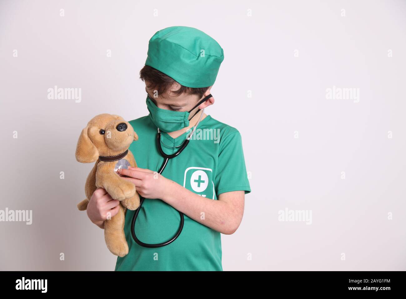 A young child 8yr old boy dressed as a vet holding a toy dog on white ...