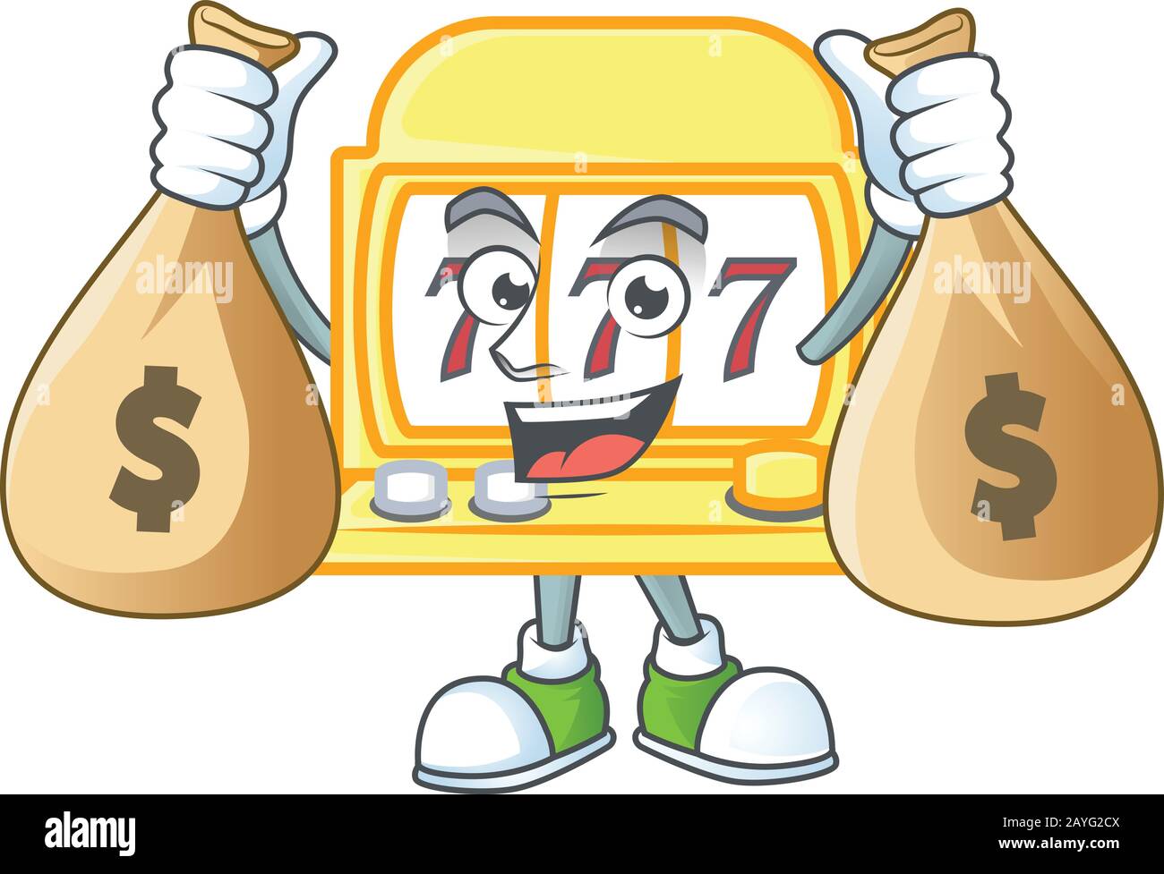 A cute image of golden slot machine cartoon character holding money ...