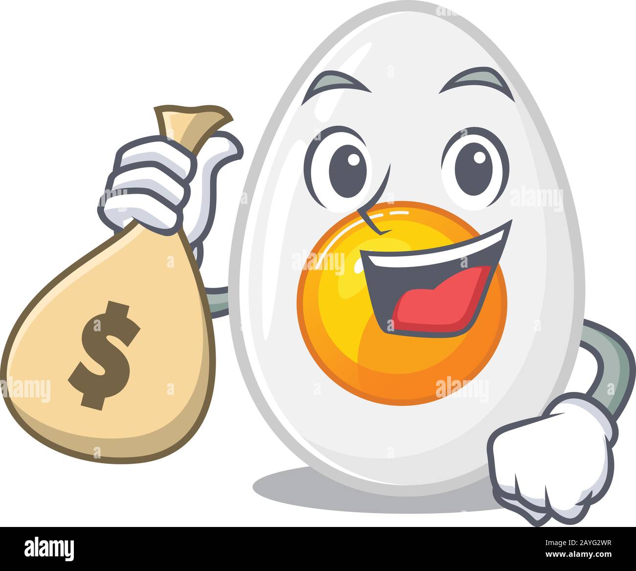 Rich and famous boiled egg cartoon character holding money bag Stock ...