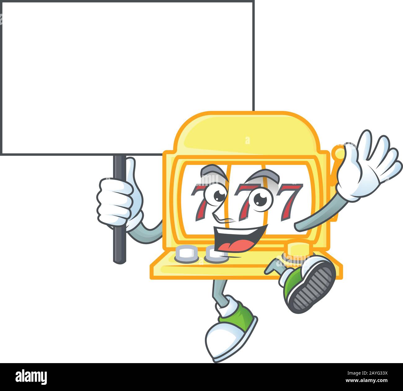 A picture of golden slot machine cartoon character with board Stock ...