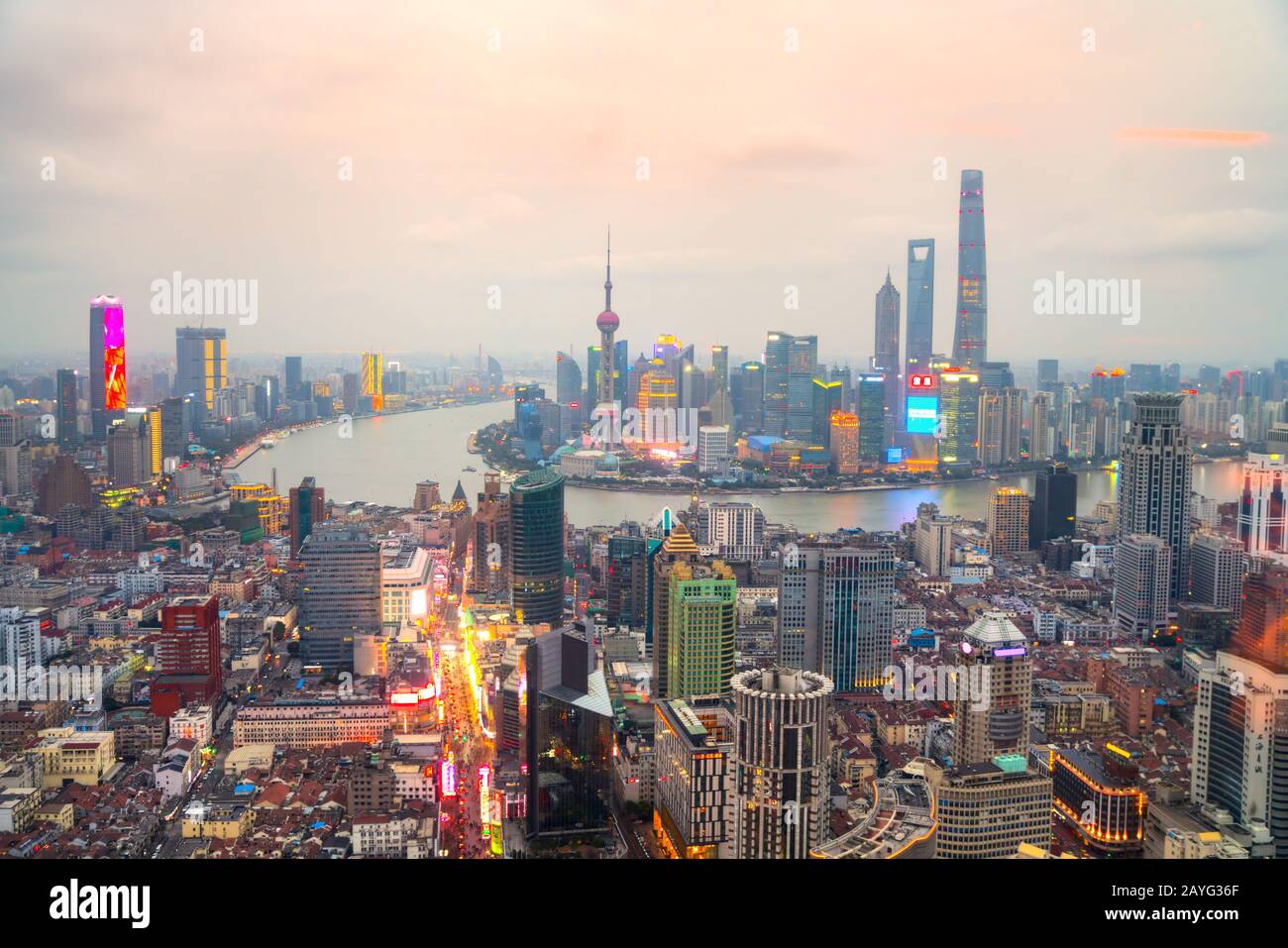Shanghai Skyline at blue hour, Oriental Pearl Tower and other famous ...