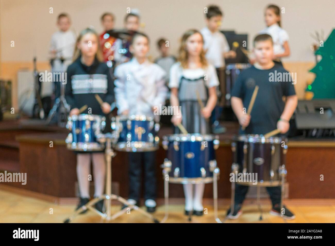 A group of children's drums. Children play the drums at a school ...