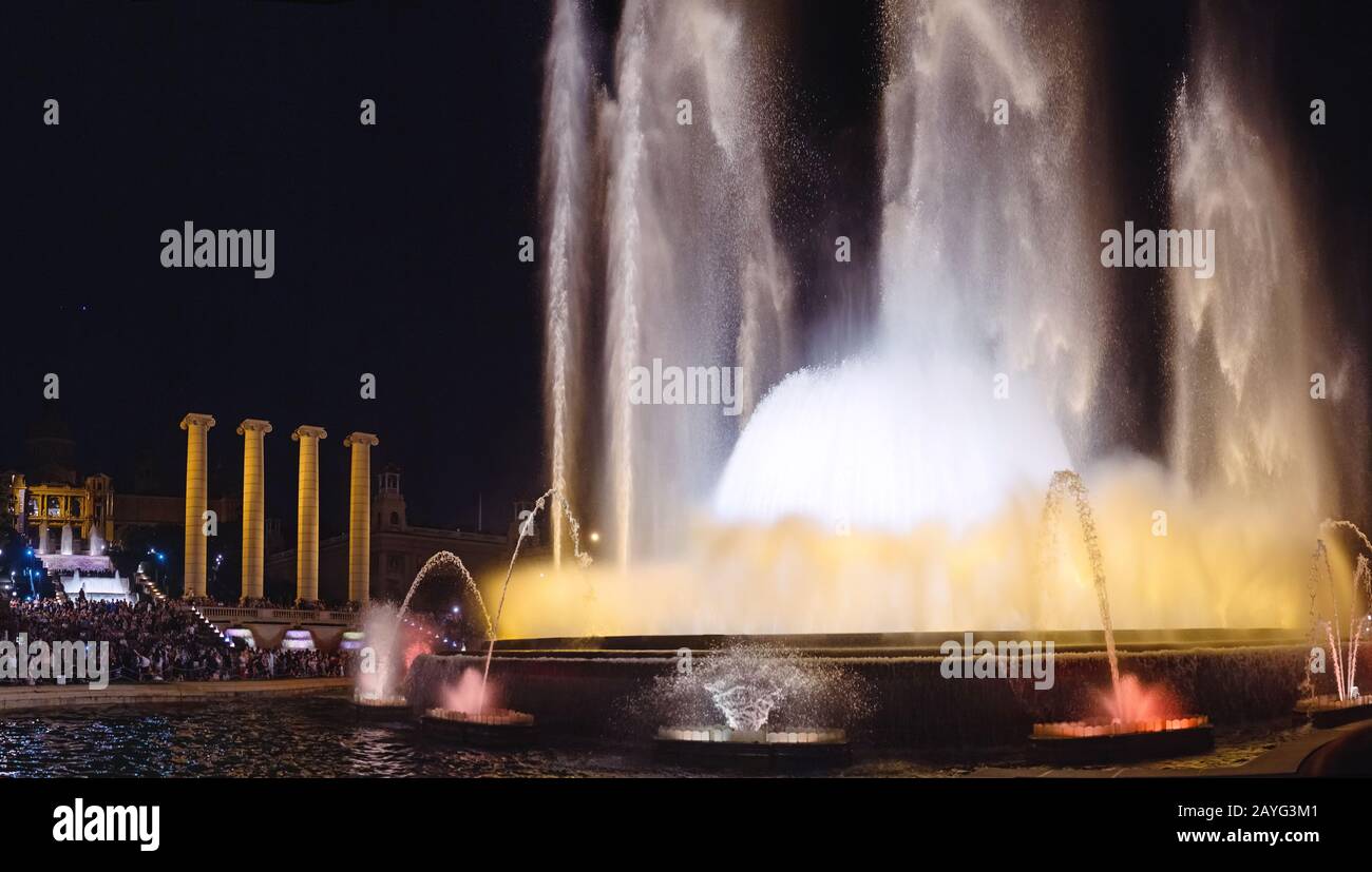Magic Montjuic Fountain light show at night near Spain Square in ...