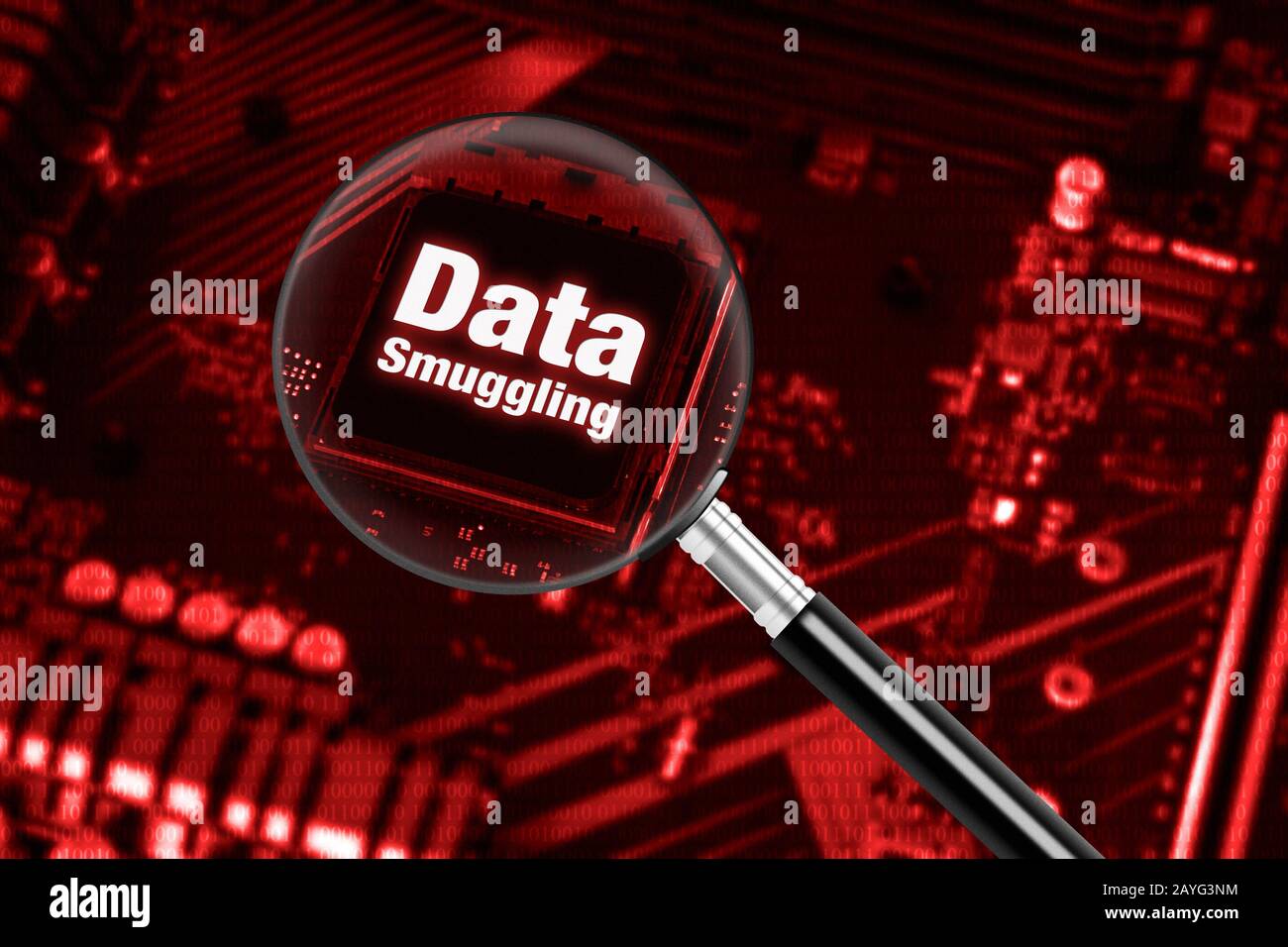 The Concept Of Cybercrime And Data Smuggling With Magnifying Glass On Modern Circuit Board
