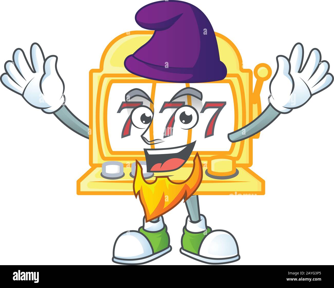 Cute golden slot machine mascot icon performed as an Elf on the stage ...