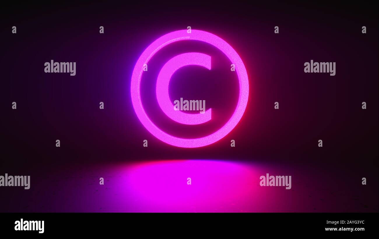 Rotating neon copyright sign on a dark background, computer generated ...
