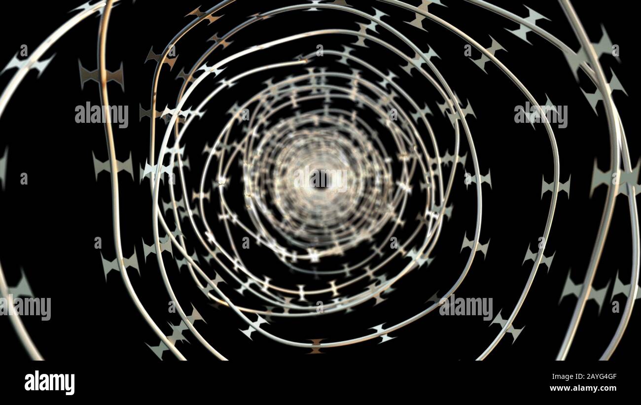 Computer generated background with barbed wire. 3d rendering spinning ...