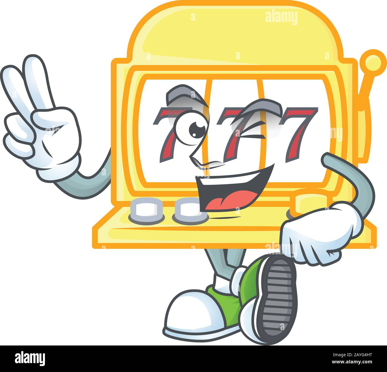 Cute cartoon mascot picture of golden slot machine with two fingers ...