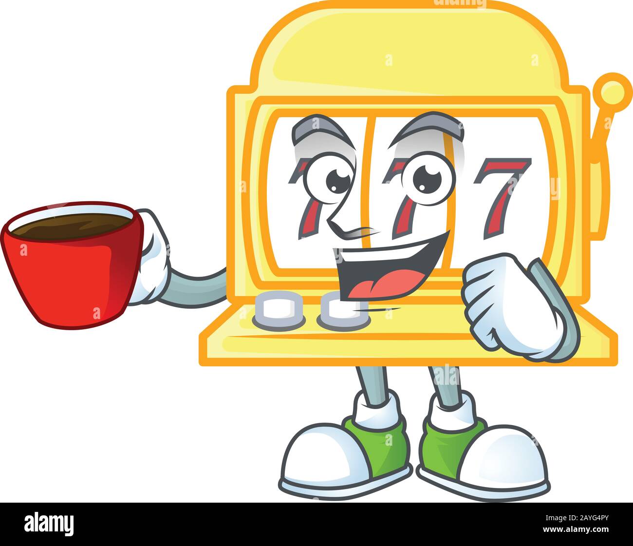 Cool golden slot machine cartoon character with a cup of coffee Stock ...