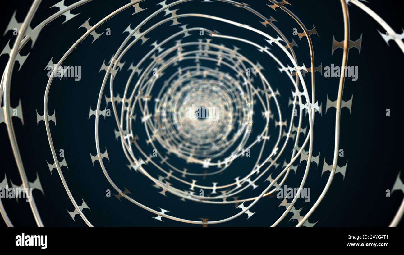 Computer generated background with barbed wire. 3d rendering spinning ...