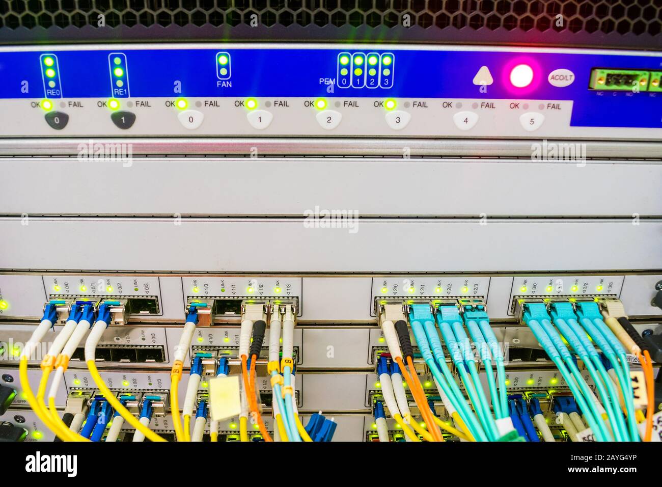 Front panel of the central data center router. Modern high-speed ...