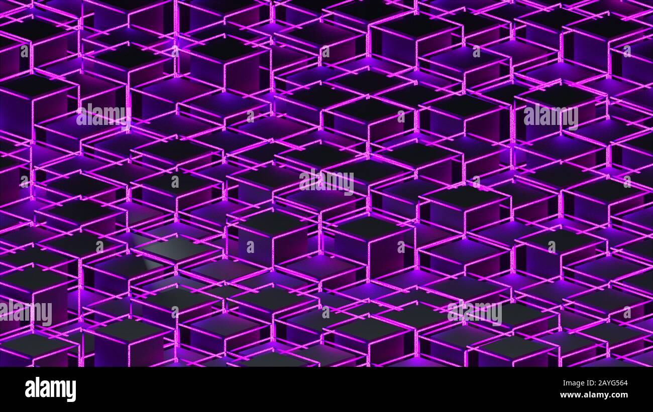 3d rendering background of isometric neon cubes located at different ...