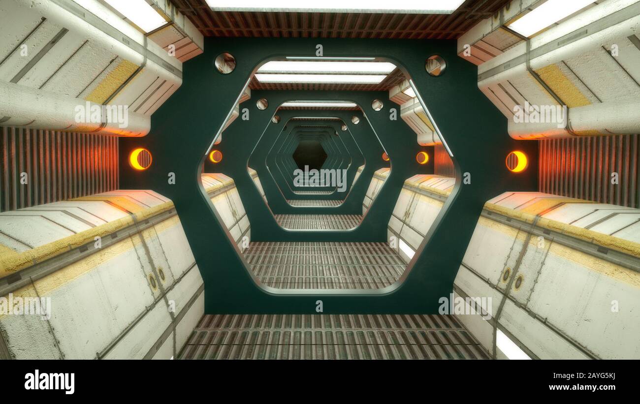 3d render. Futuristic spaceship scifi corridor architecture Stock Photo ...