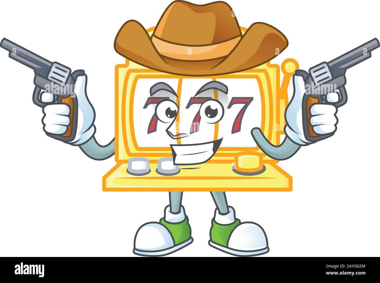 The brave of golden slot machine Cowboy cartoon character holding guns ...