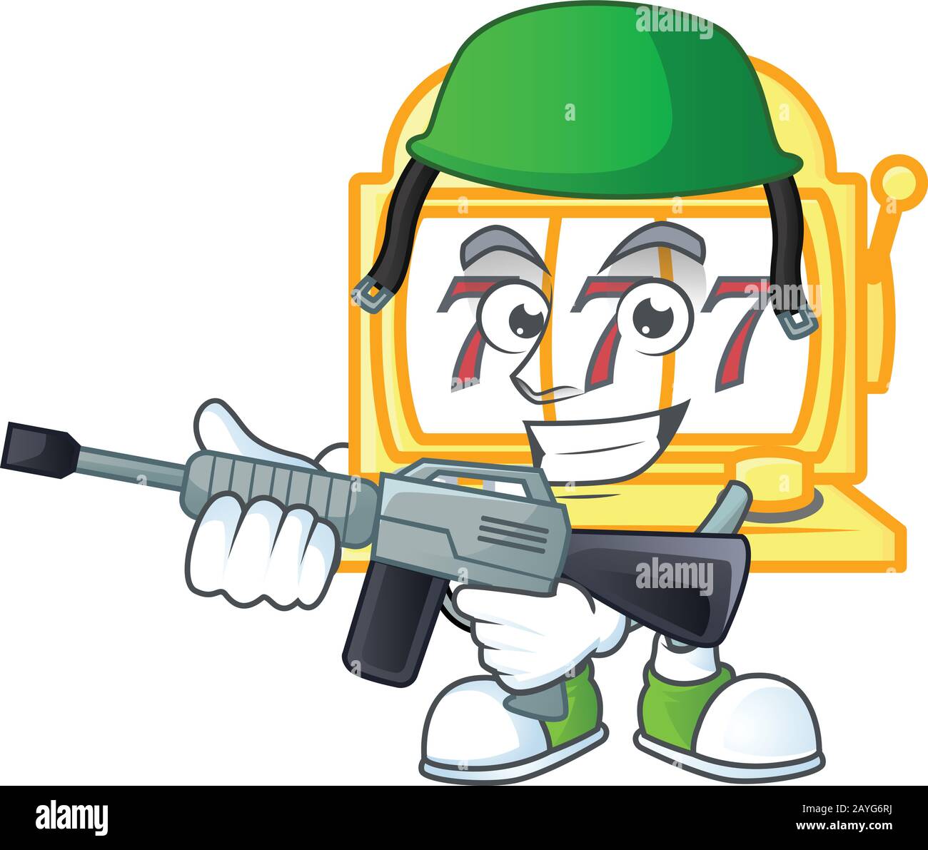 Golden slot machine mascot design in an Army uniform with machine gun ...