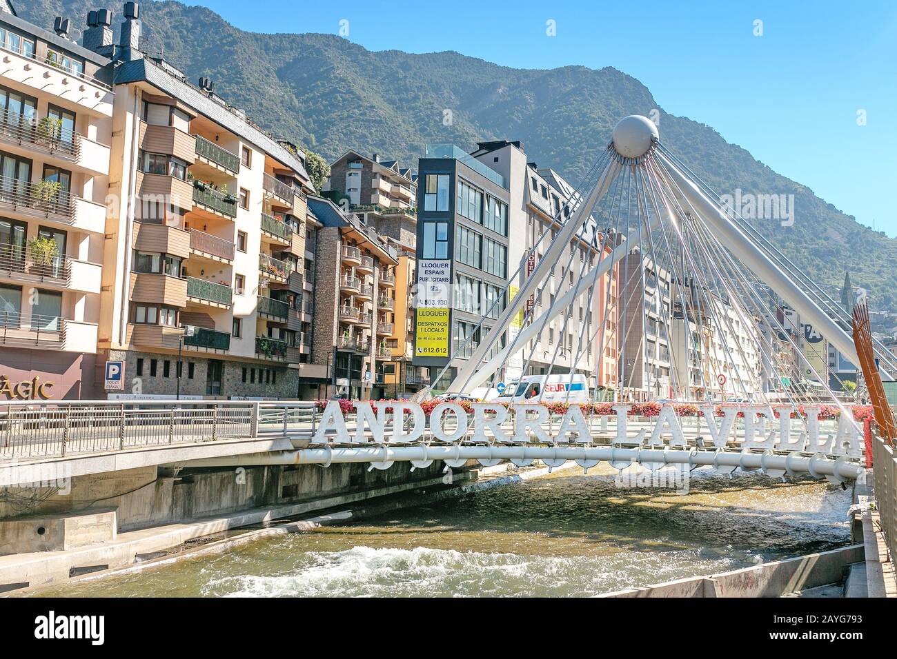 ANDORRA LA VELLA, ANDORRA - JULY 19 2018: Famous tourist landmark Pont de Paris bridge and Gran ...