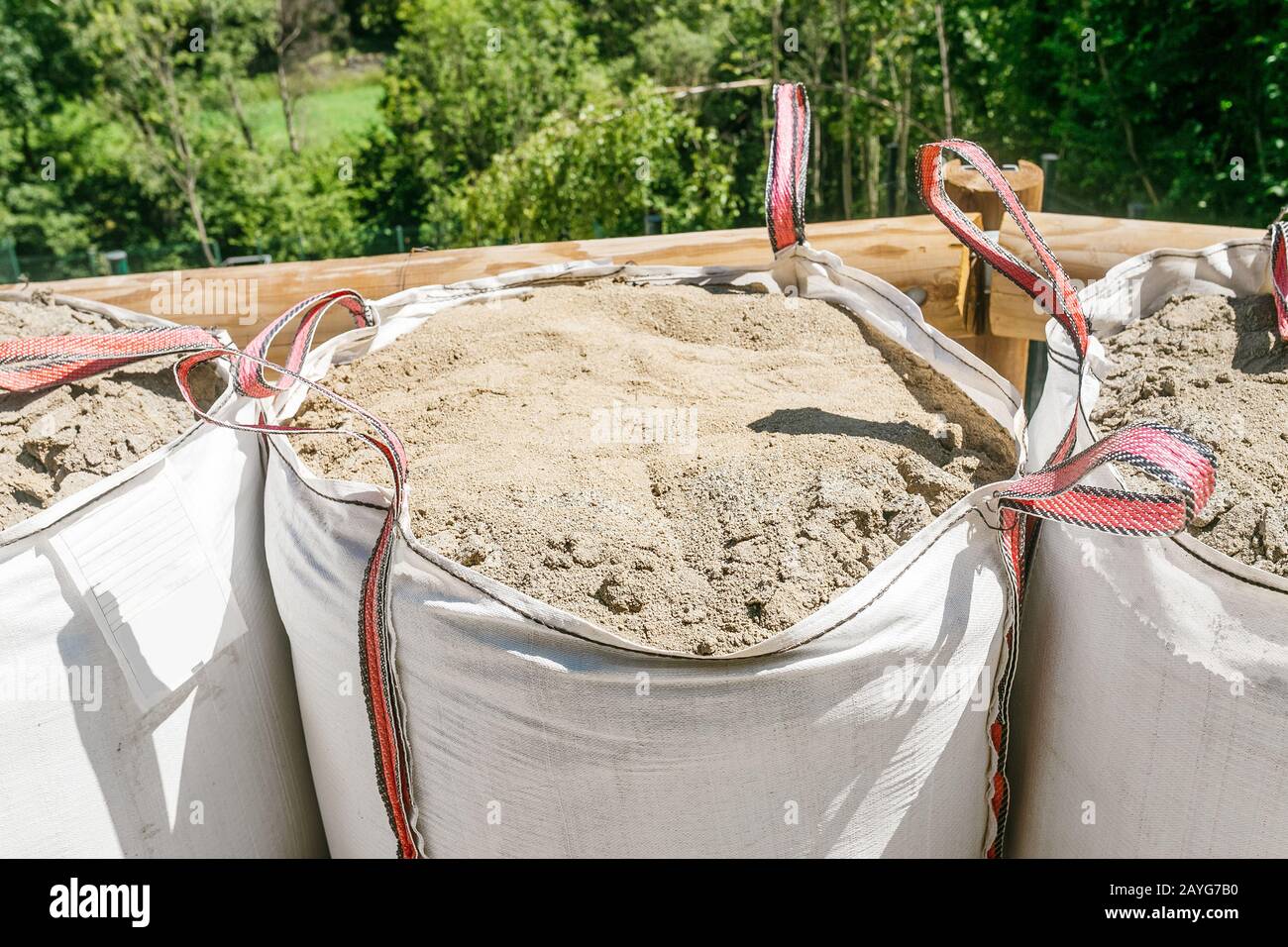 Bag with sand on construction site Stock Photo - Alamy