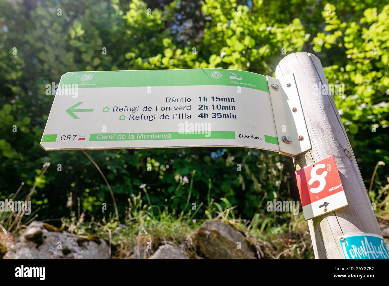 ANDORRA LA VELLA, ANDORRA - JULY 19 2018: Wood marking sign for GR7 and ...