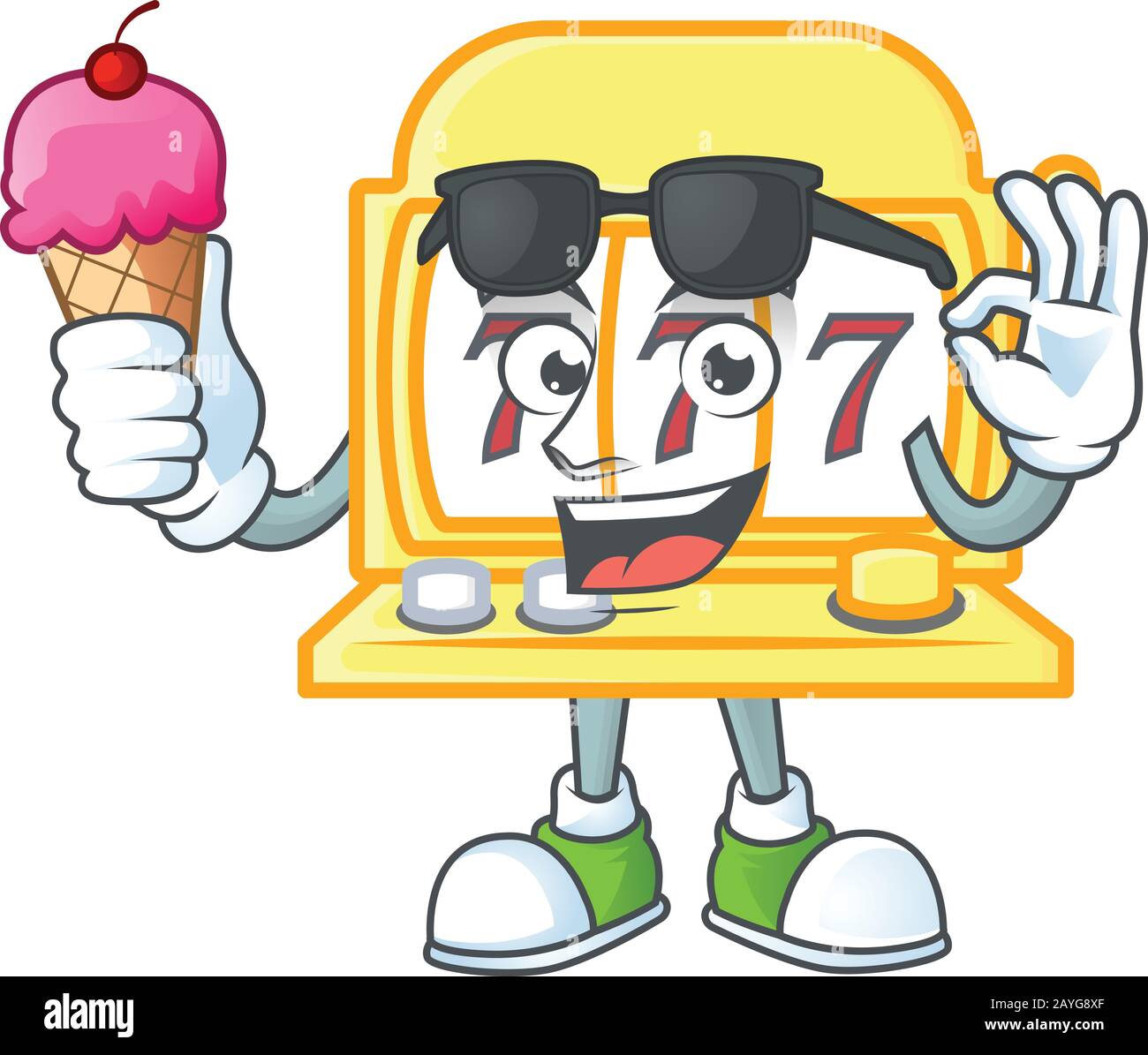 Golden slot machine mascot cartoon style eating an ice cream Stock ...