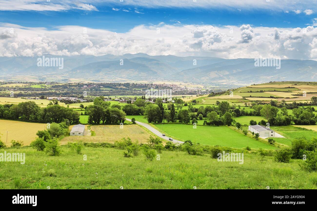Scenic aerial view of the Mountain valley in the Pyrenees, with ...