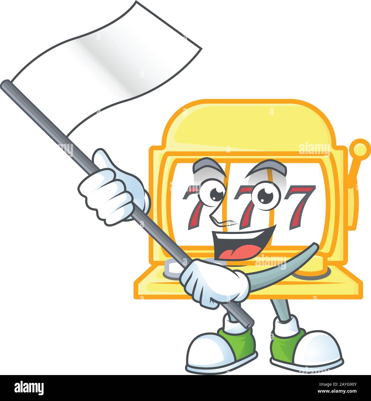 Funny golden slot machine cartoon character design with a flag Stock ...