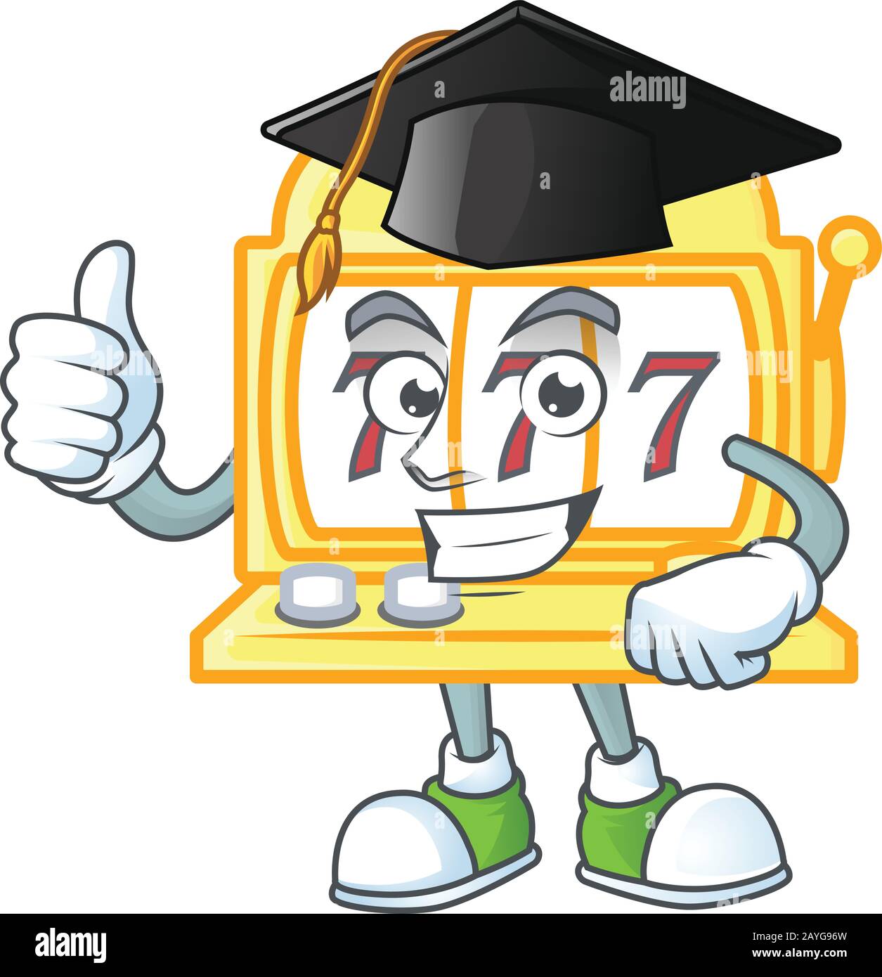 A happy character of golden slot machine in a black Graduation hat ...
