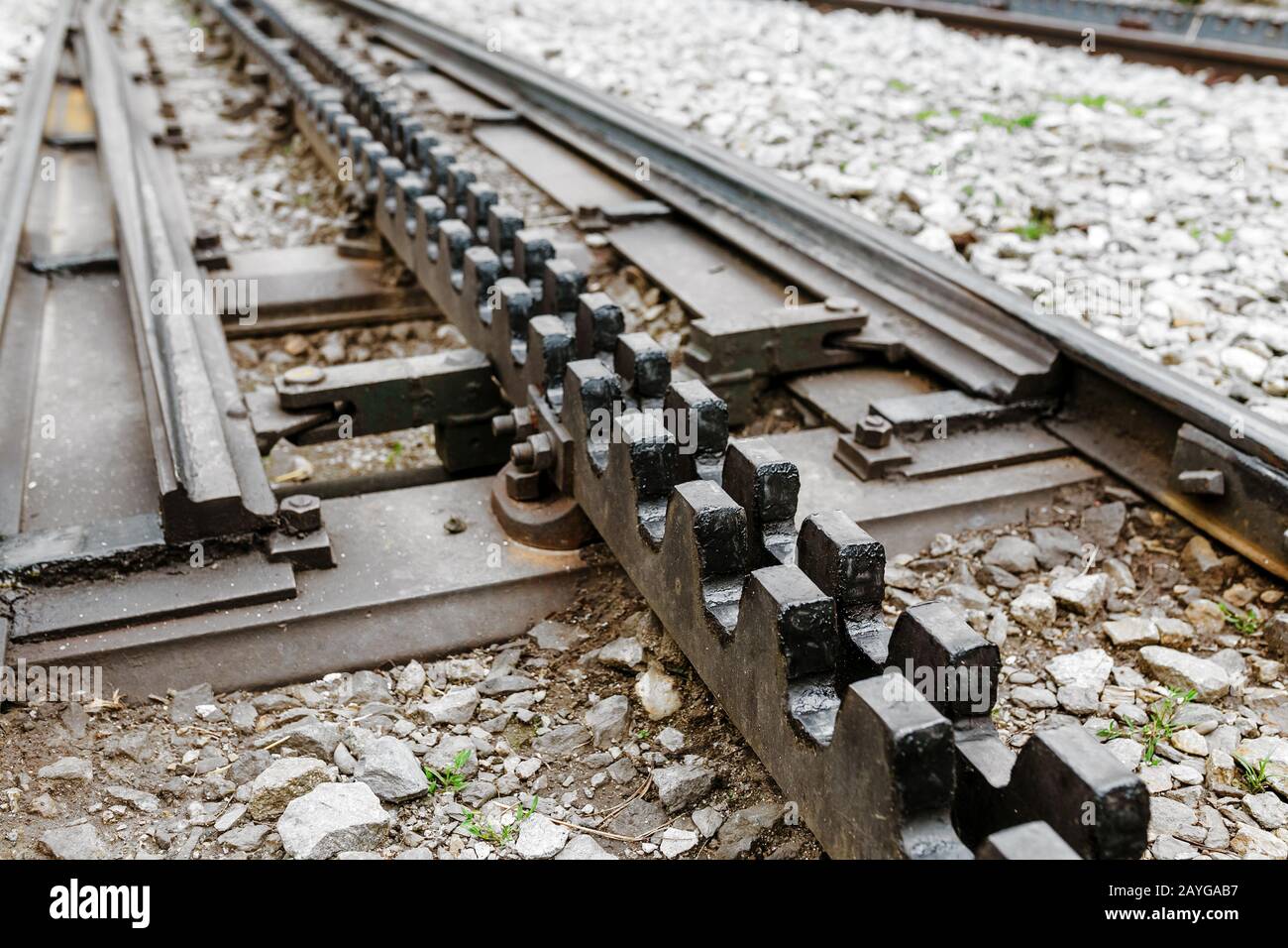 Detail of a cogwheel railway in mountains Stock Photo - Alamy