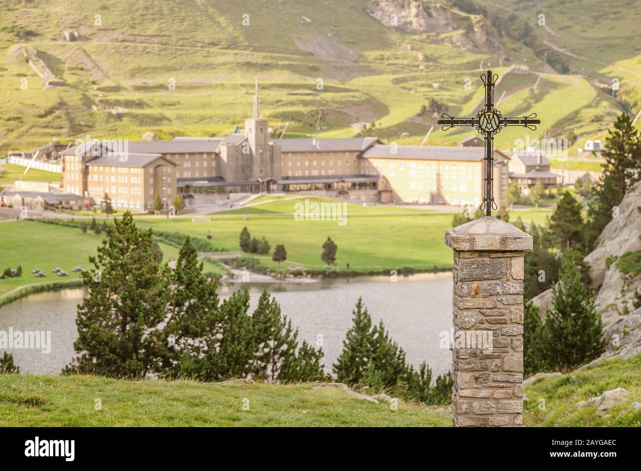 Panoramic view of the Nuria Valley with lake in the Catalan Pyrenees ...