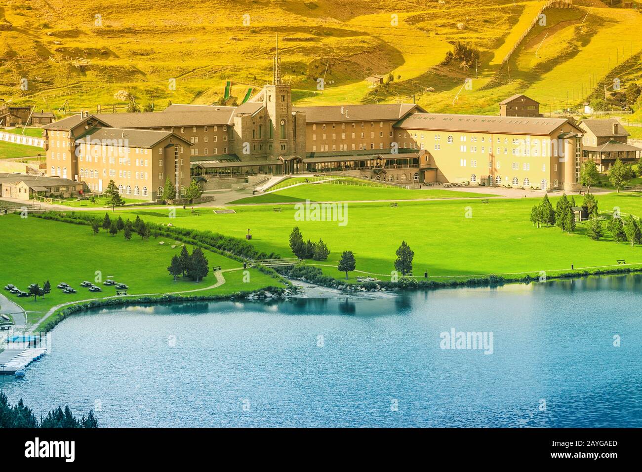 Panoramic view of the Nuria Valley with lake in the Catalan Pyrenees ...