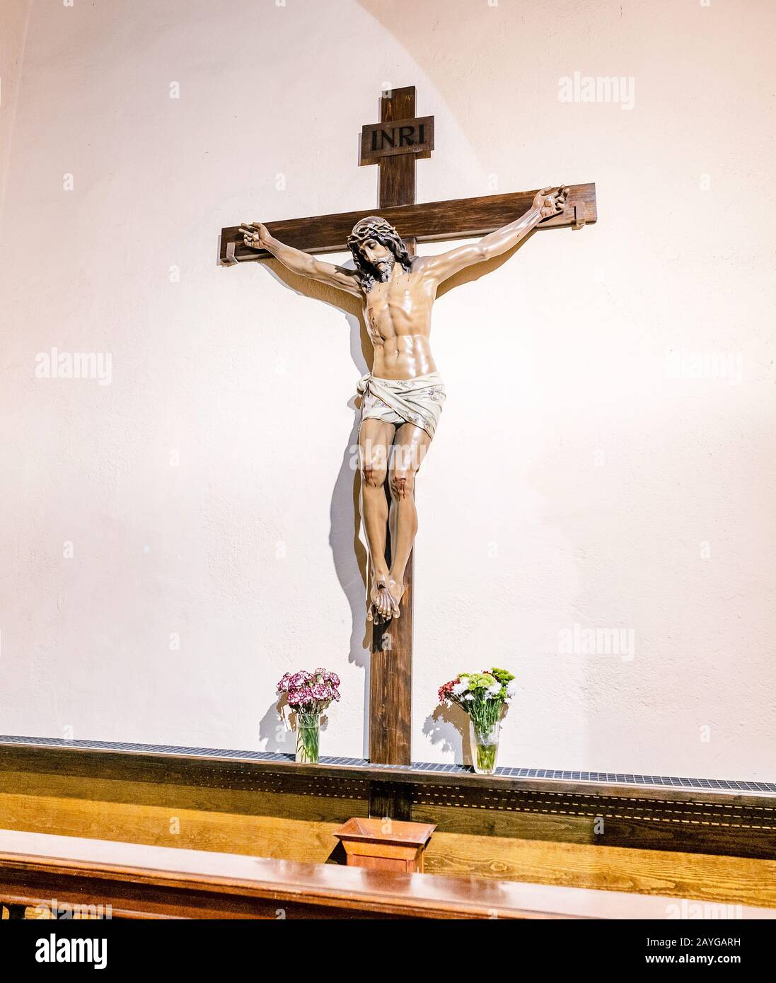 25 JULY 2018, NURIA, SPAIN: Crucifix, Jesus on the cross in church ...