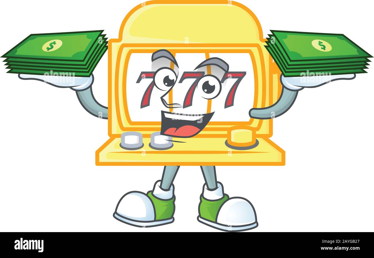 rich and famous golden slot machine cartoon character with money on ...