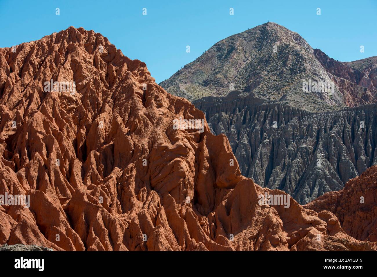 Detail of red rock formations created by erosion in the Andes Mountains ...